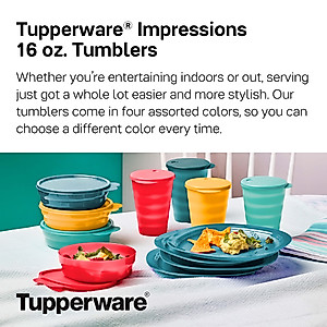 Tupperware Brand Impressions 16 oz Tumblers - Set of 4 - Dishwasher Safe & BPA Free - Mess-Free Reusable Plastic Cups with Lids