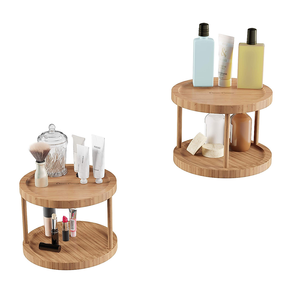 Classic Cuisine Lazy Susan – All-Natural Bamboo Round Two Tier Turntable Kitchen, Pantry and Vanity Organizer and Display with 10 Inch Diameter