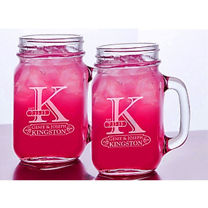 Initial Mr Mrs Set of 2 Personalized Mason Jar Drinking Mugs with Handle Custom Etched Name Date for Wedding, Engagement Anniversary Bridal Party Favor Newlyweds Couple Engraved His and Hers Gift Idea