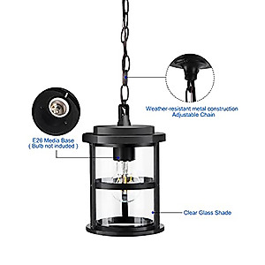 UFOND Outdoor Pendant Lantern for Porch, Pendant Light in Black Finish, 1-Pack Exterior Hanging Lantern with Clear Glass and Adjustable Chain,Gazebo Light Fixture for Patio Garage Entryway