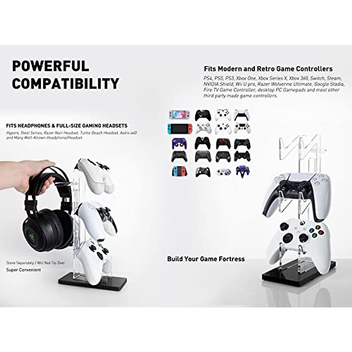 OAPRIRE Universal 3 Tier Controller Holder and Headset Stand for PS4 PS5 Xbox ONE Switch, Controller Stand Gaming Accessories, Build Your Game Fortresses (Black)