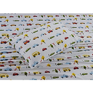 Better Home Style Cars Fire Trucks School Buses Traffic Signs Trees Multicolor Fun Design for Kids/Boys 3 Piece Sheet Set with Pillowcase Flat and Fitted Sheets # School Bus (Twin)