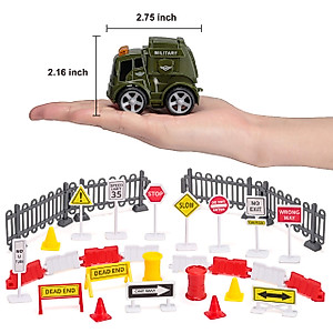 JOYIN 12Pcs Toddler Toy Cars Diecast Friction Powered Vehicles with 12 Traffic Road Signs 4 Construction Truck 2 Fire Truck 2 Police Car 2 Garbage Truck 2 Military Car Kids Birthday Easter Xmas Gifts