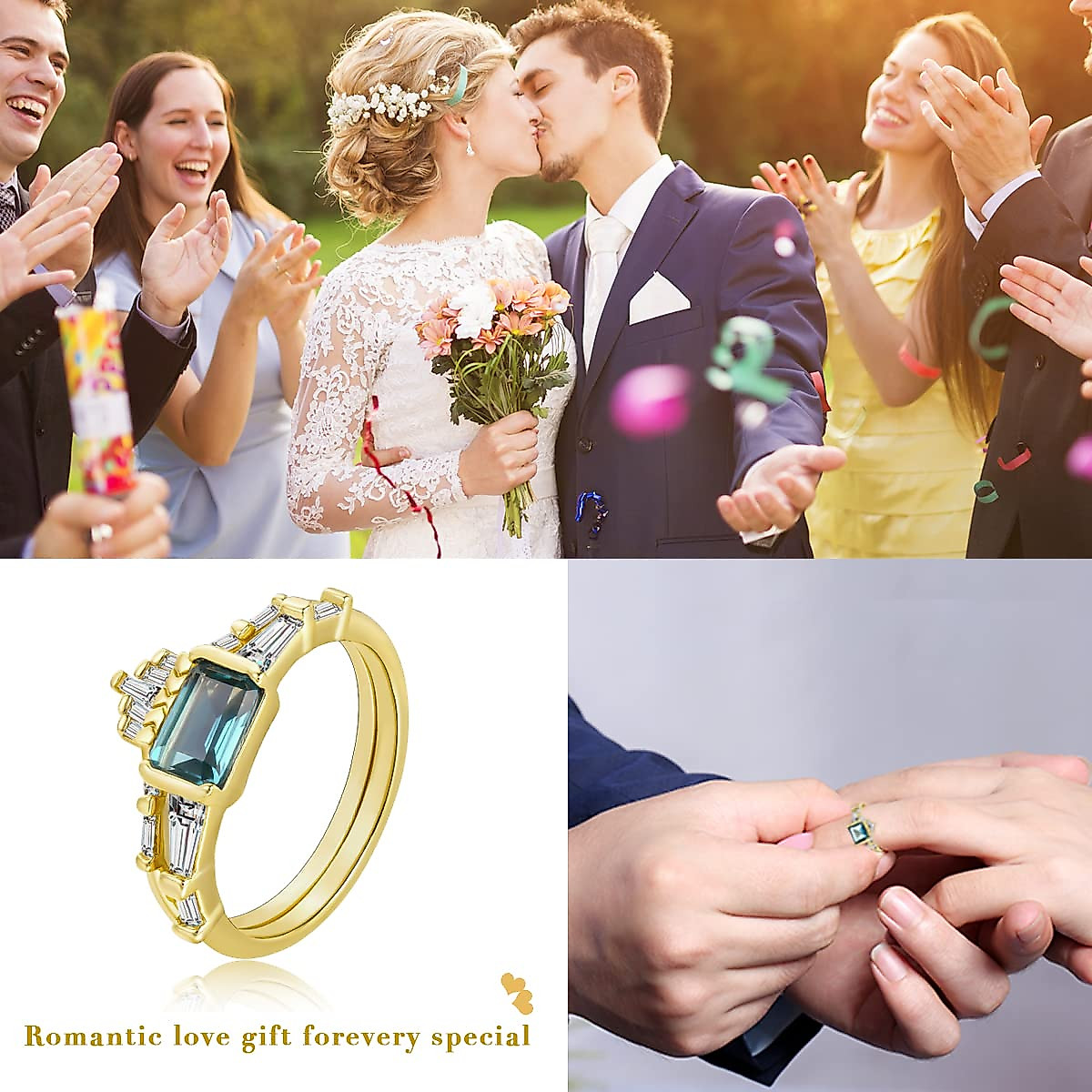 JIANGYUE Gold Emerald Cut Engagement Ring for Women Cubic Zirconia Engagement Ring Wedding Ring Set Promise Rings for Her Size 8