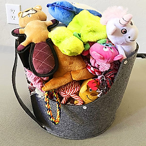 Jalousie Dog Toy Storage Basket Dog Toy Bin with Handle - Heavy Duty Thick Felt Extra Bonus Squeaky Dog Toy Included - Perfect for Organizing Pet Toys and Accessories Puppy Toy Storage for Easy Assess
