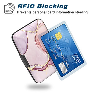 Atufsuat Credit Card Holder, Mini Aluminum Card Wallet RFID Blocking Slim Metal Hard Card Case for Women Men, Pink Marble
