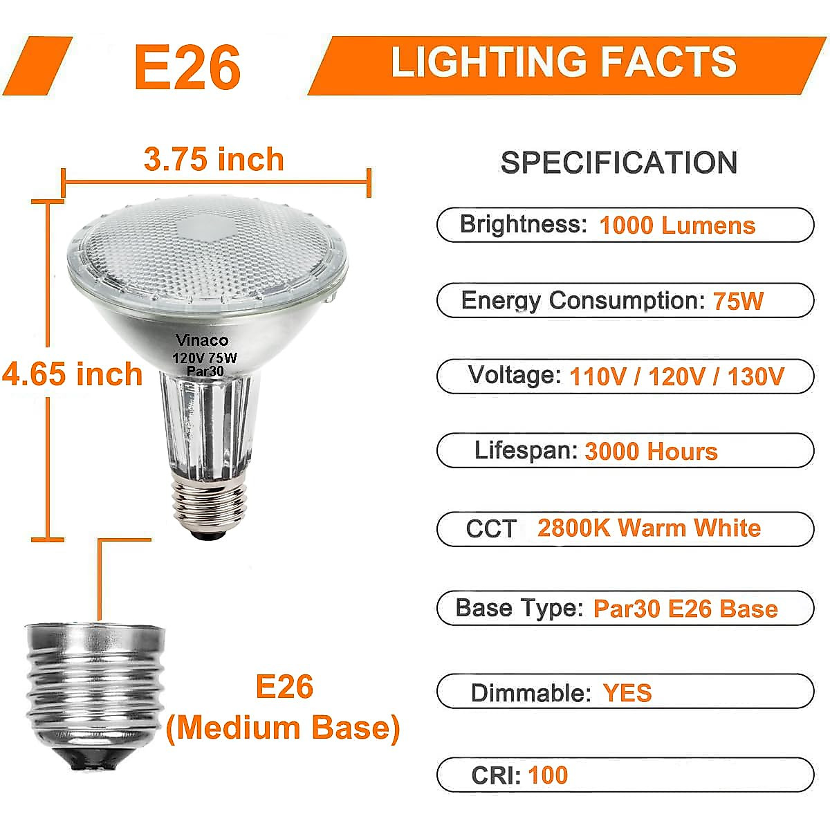 Vinaco PAR30 Long Neck 75W, 6 Pack Long Lasting PAR30 Halogen Flood Light Warm White 2800K, PAR30 Dimmable, High Output PAR30 Flood Light Bulb 120V with E26 Base for Indoor/Outdoor