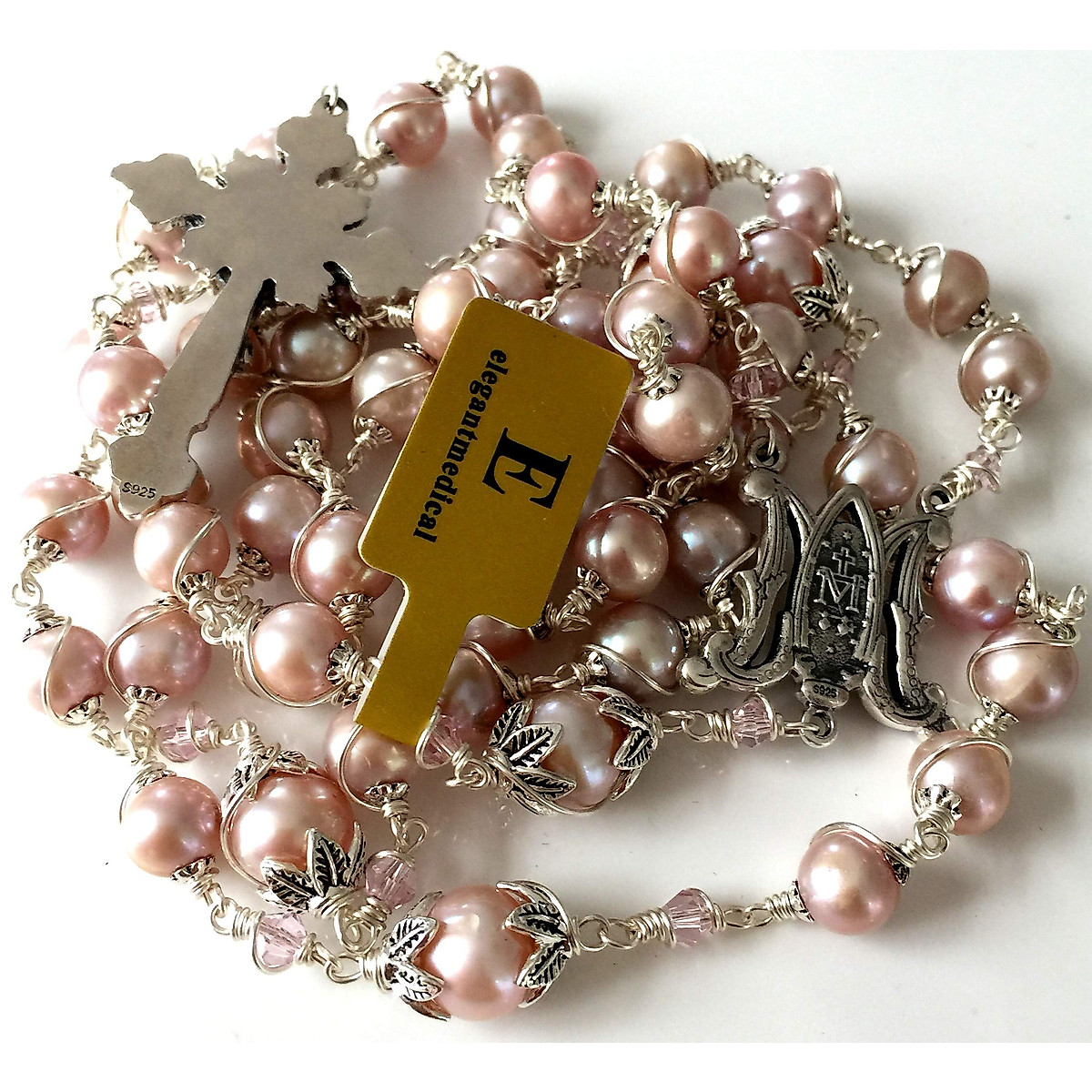 elegantmedical Handmade Wire Wraped Bali 925 Sterling Silver AAA+ 8-9mm Real Purple Pearl Beads Catholic Rosary Necklace Cross Crucifix Box