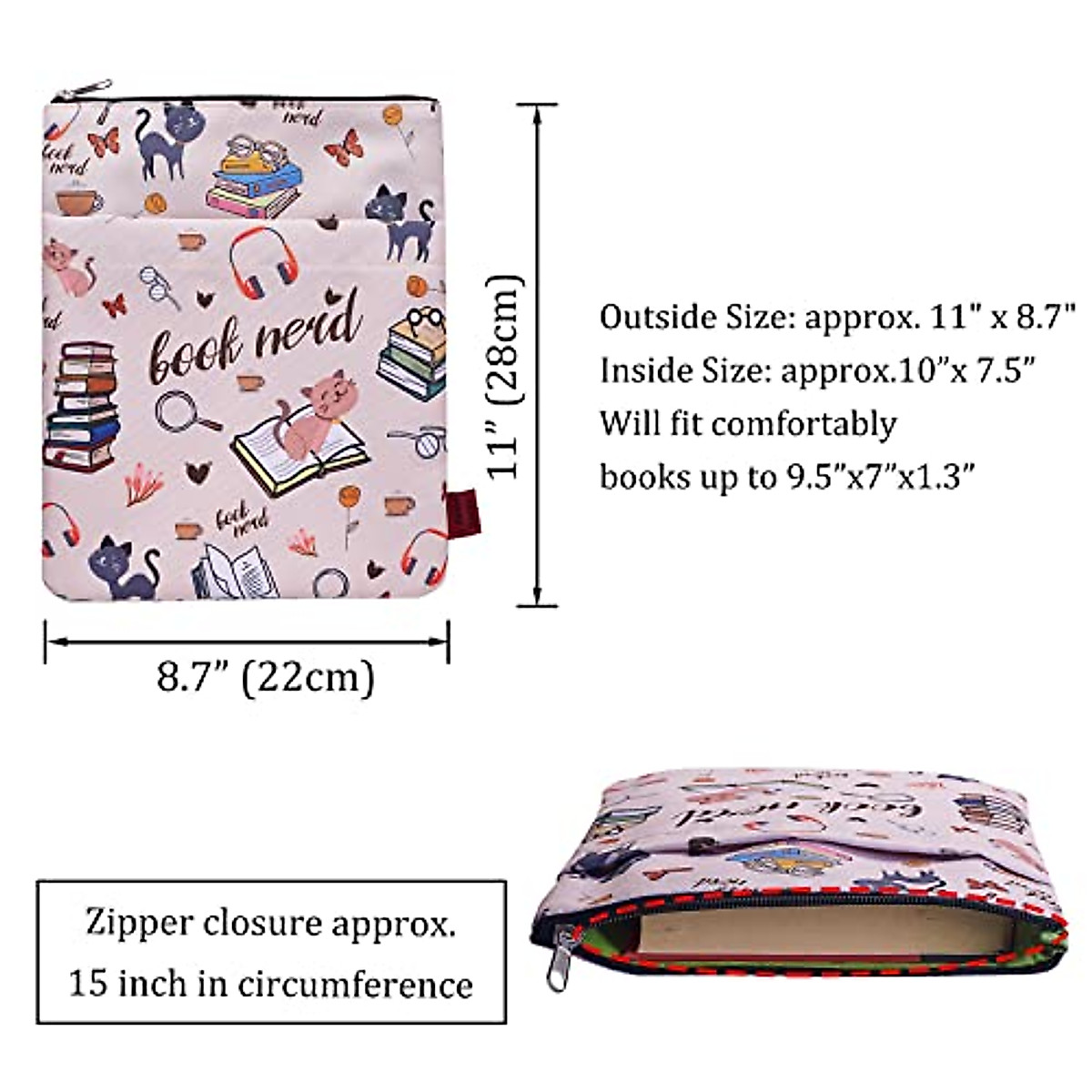 Book Sleeve for Book Lovers, Book Nerd Book Protector , Book Covers for Paperbacks, Washable Fabric, Book Sleeves with Zipper, Medium 11 Inch X 8.7 Inch