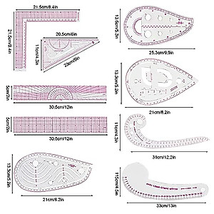 9 Styles Clear Metric Sewing Ruler Set, Plastic Sew French Curve Ruler for Designers, Pattern Maker, Sewing Templates