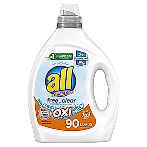 all Liquid Laundry Detergent, Free Clear for Sensitive Skin with OXI, Unscented and Hypoallergenic, 2X Concentrated, 90 Loads