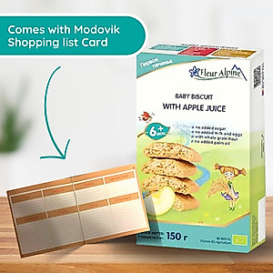 Organic Baby Snacks Bundle. Includes Two-5.3 Oz Boxes of Fleur Alpine Whole Grain Biscuits with Apple Juice Baby Teething Snacks & Modovik Shopping List. Healthy & Non- GMO Organic Teething Biscuits for Babies 6+ Months.