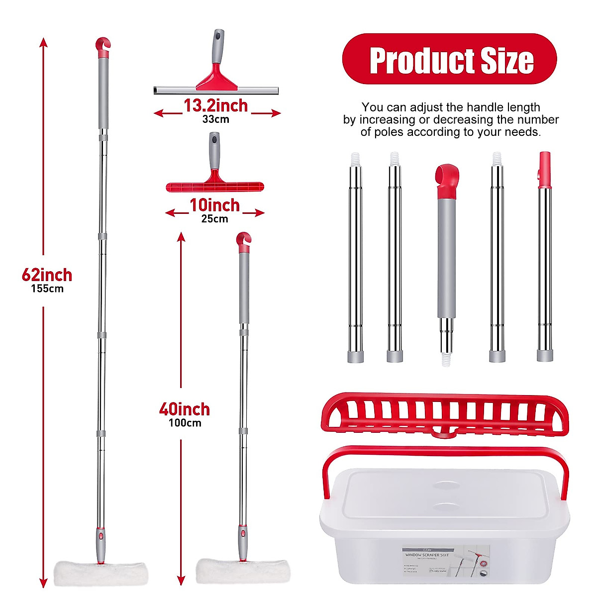 ZNM Window Cleaning Squeegee Kit, 2 in 1 Window Washing Kit with 62'' Extension Pole & Window Cleaner Tool, Professional Window Squeegee for Home Shower Mirror Car Glass Indoor & Outdoor