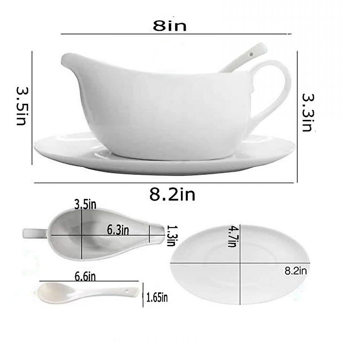 Qlans Gravy Boat With Ladle and Saucer 17 Oz,Ceramic Sauce Boat with Tray for Salad Dressings Milk,Warming Sauces,Creamer,Broth,Black Pepper,White (1 PCS New Gravy Boat With Ladle and Saucer)