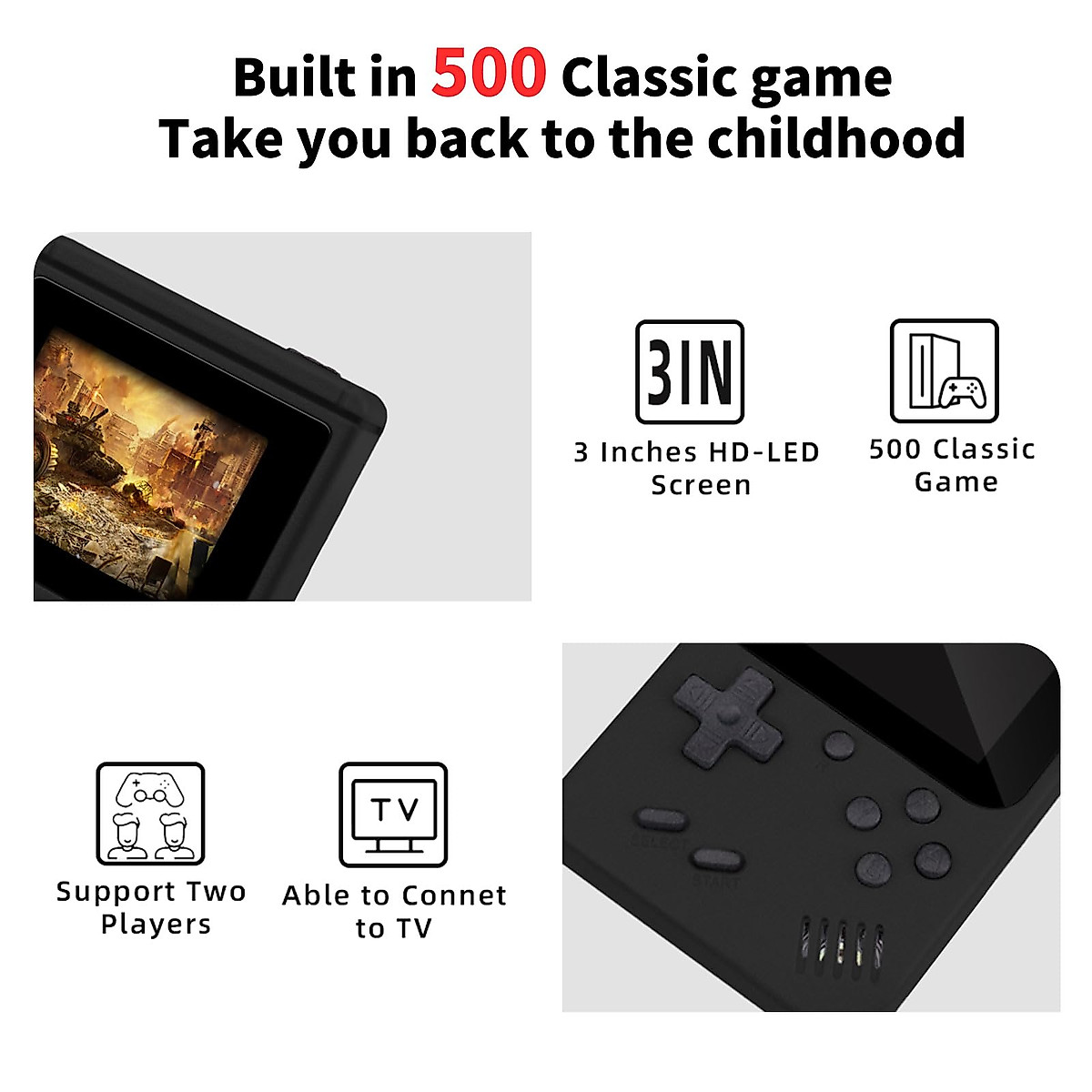 Retro Handheld Game Console, 3 inch LCD Screen Portable Video Game Console with 500 Classic Games, Support TV Connection & 2 Players Battle