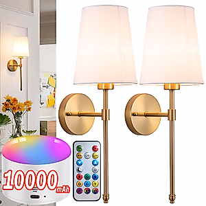 YHCDLAMP Battery Operated Wall Sconce Set of 2, Rechargeable Wall Sconce with 10000mAh Bulb and Remote Control, Up to 50 Hrs Use, RGB Dimmable Wireless Wall Lights for Living Room Bedroom Hallway
