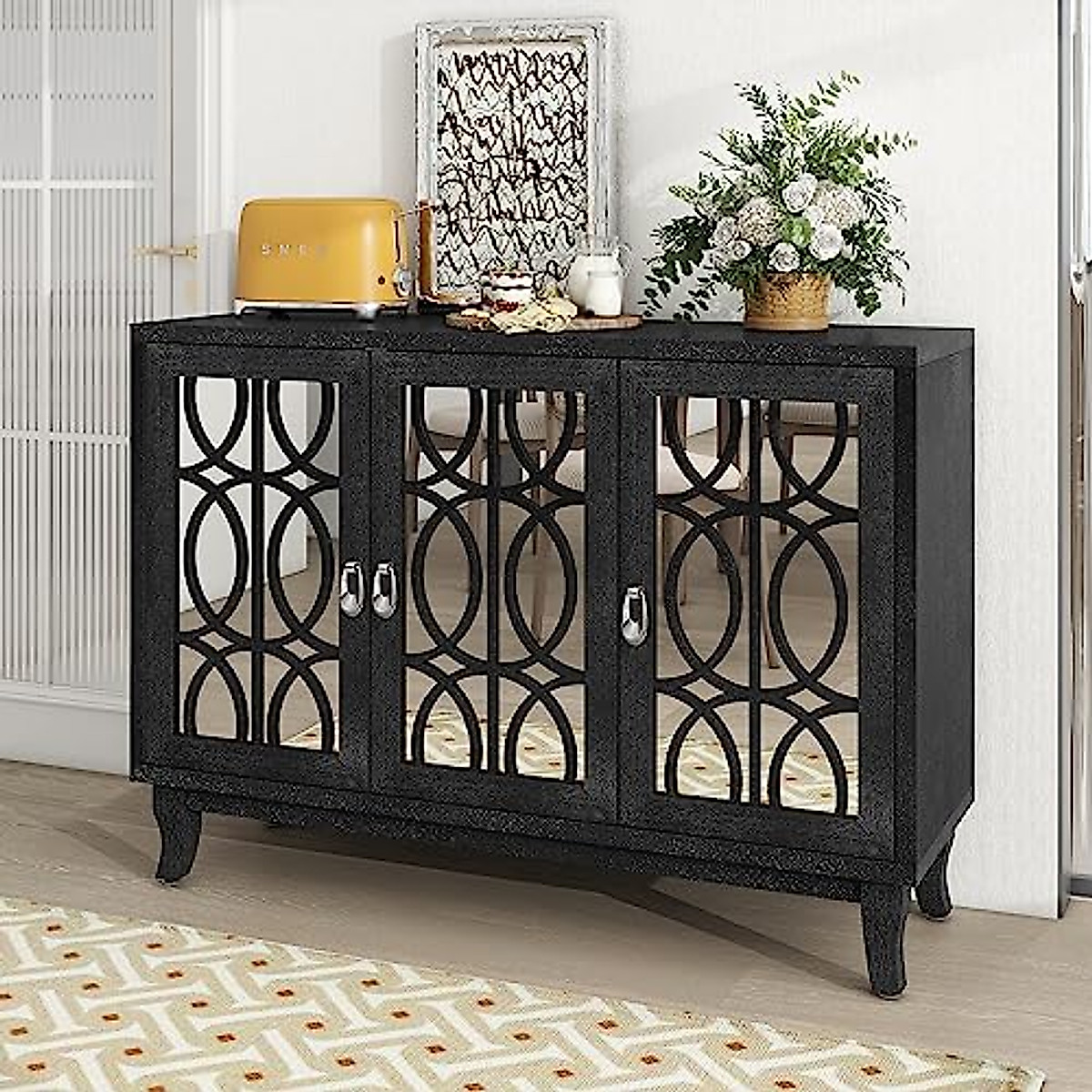 Voohek Glass Mirrored Doors and Adjustable Shelf, Buffet Cabinet with Drop-Shaped Silver Handle for Living, Hallway, Dining Room, Black Sideboard