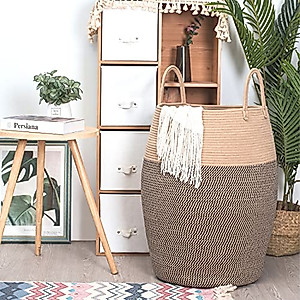 MINTWOOD Design Extra Large 25.6 Inches High Decorative Woven Cotton Rope Basket, Tall Laundry Hamper with Handles, Blanket Basket Living Room, Storage Baskets for Toys, Throws, Pillow, Black Jute Mix
