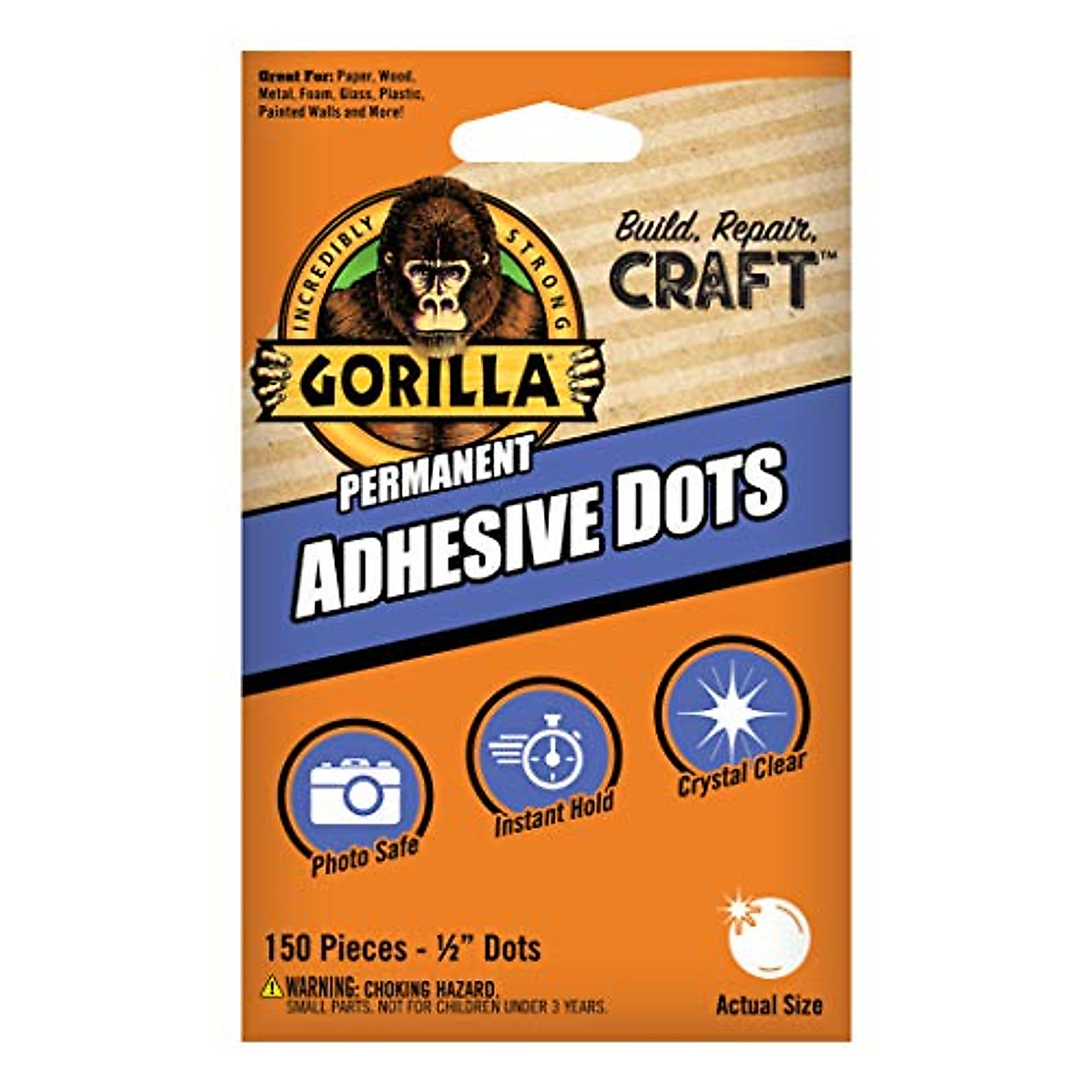 Gorilla Permanent Adhesive Dots, Double-Sided, 150 Pieces, 0.5" Diameter, Clear, (Pack of 3)