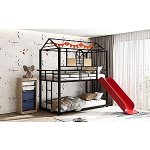 Tidyard Twin Over Twin Metal Bunk Bed,Metal Housebed with Slide,Three Colors Available.(Black with Red Slide) for Bedroom Dorm Guest Room Home Furniture