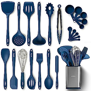 Silicone Kitchen Utensils Set & Holder: Cooking Utensils Set - Kitchen Essentials for New Home & 1st Apartment- Silicone Spatula Set, Cooking Spoons for Nonstick Cookware (Silicone, Blue)