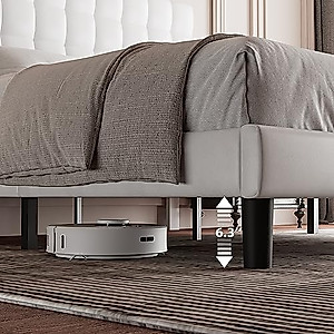 Feonase Full Size Bed Frame with Square Stitched Headboard, Faux Leather Upholstered Platform Bed Frame, High-Density Sponge Filled, Solid Wood Slats, No Box Spring Needed, Noise-Free, White