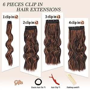 NAYOO Clip in Hair Extensions for Women 20 Inch Long Wavy Curly Auburn Mix Chestnut Hair Extension Full Head Synthetic Hair Extension Hairpieces(6PCS,Auburn Mix Chestnut)