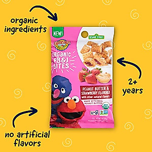 Earth's Best Organic Kids Snacks, Sesame Street Toddler Snacks, Organic PB&J Bites for Toddlers 2 Years and Older, Peanut Butter and Strawberry Flavored with Other Natural Flavors, 3 oz Bag