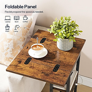 HOOBRO Foldable End Table, C Shaped Side Table with Charging Station, Sofa Couch Table That Slide Under for Living Room Bedroom Small Spaces, Easy Assembly, Rustic Brown and Black BF29USF01