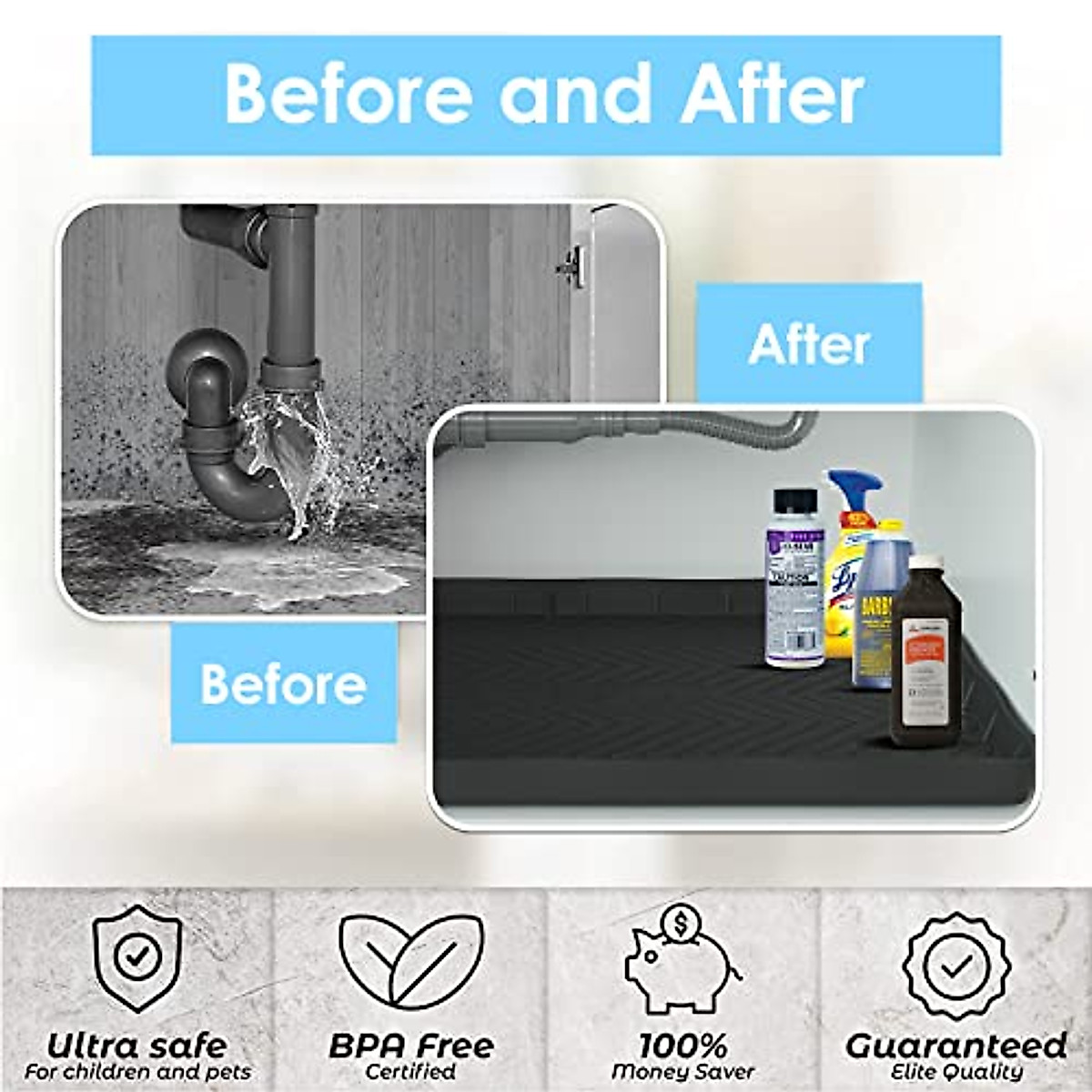 PELTEFLU Under Sink Mat, 34" x 22" Waterproof Under Sink Mats for Kitchen Bathroom, Flexible Silicone Rubber Under Sink Liner with Drain Hole, Thick Under Sink Mat Protect for Drips Leaks - Grey