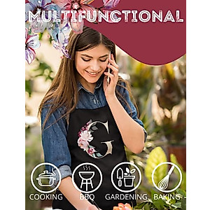 Initial Black Apron for Women with Pockets, Kitchen Cooking Gardening Cute Apron Gifts for Her, Chef, Mom, Artists, Hair Stylists, Funny Gifts for Women, Friends, Sisters, Grandma - C