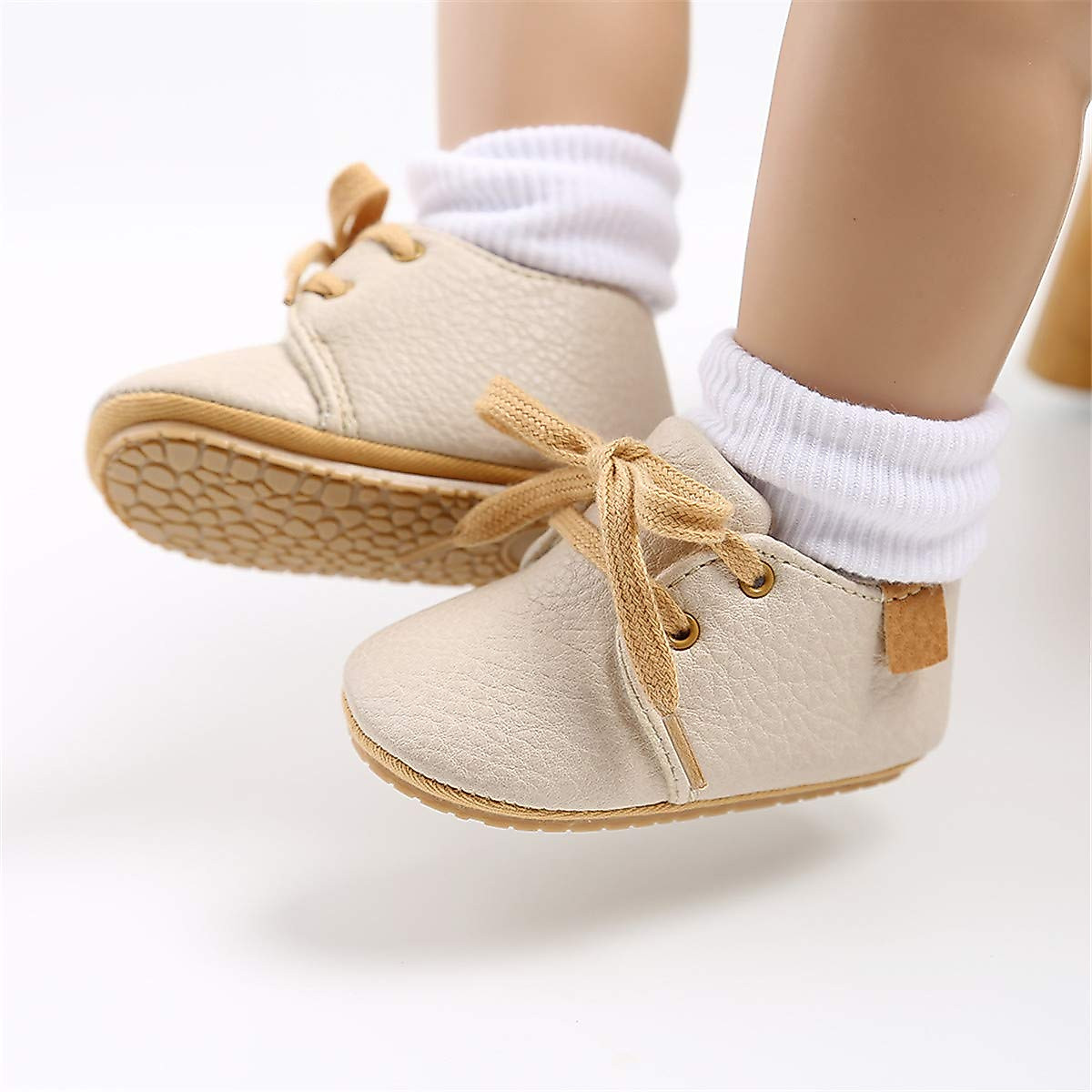 COSANKIM Baby Boys Girls Shoes Lace Up Leather Infant Sneakers Non Slip Rubber Sole Newborn Loafers Toddler First Walker Crib Shoes (0-18 Months), 6-12 Months Infant, A-Beige Baby Shoes