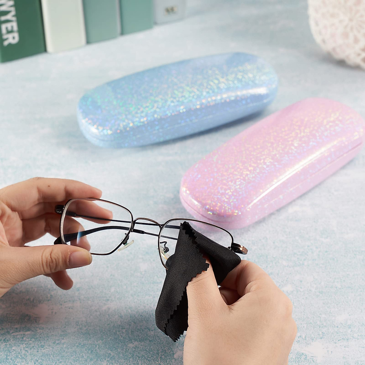 Weewooday 3 Pcs Hard Shell Eyeglasses Cases Glitter Sunglasses Protective Unisex Glasses Case with Cleaning Cloth (Pink, Blue, Black), 6.3 x 2.4 x 1.2 inches/ 16 x 6 x 3 cm