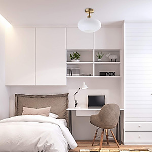 NW Archiology Semi Flush Mount, Modern Ceiling Light with Opaline Glass Shade&Brass Metal Base Layer, Light Fixture for Dining Room, Bedroom, Cafe, Bar, Hallway, Passway