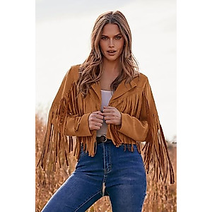 PRETTYGARDEN Women's Fringe Faux Suede Leather Jackets 2023 Fashion Tassel Motorcycle Cropped Coats (Brown Yellow,Small)
