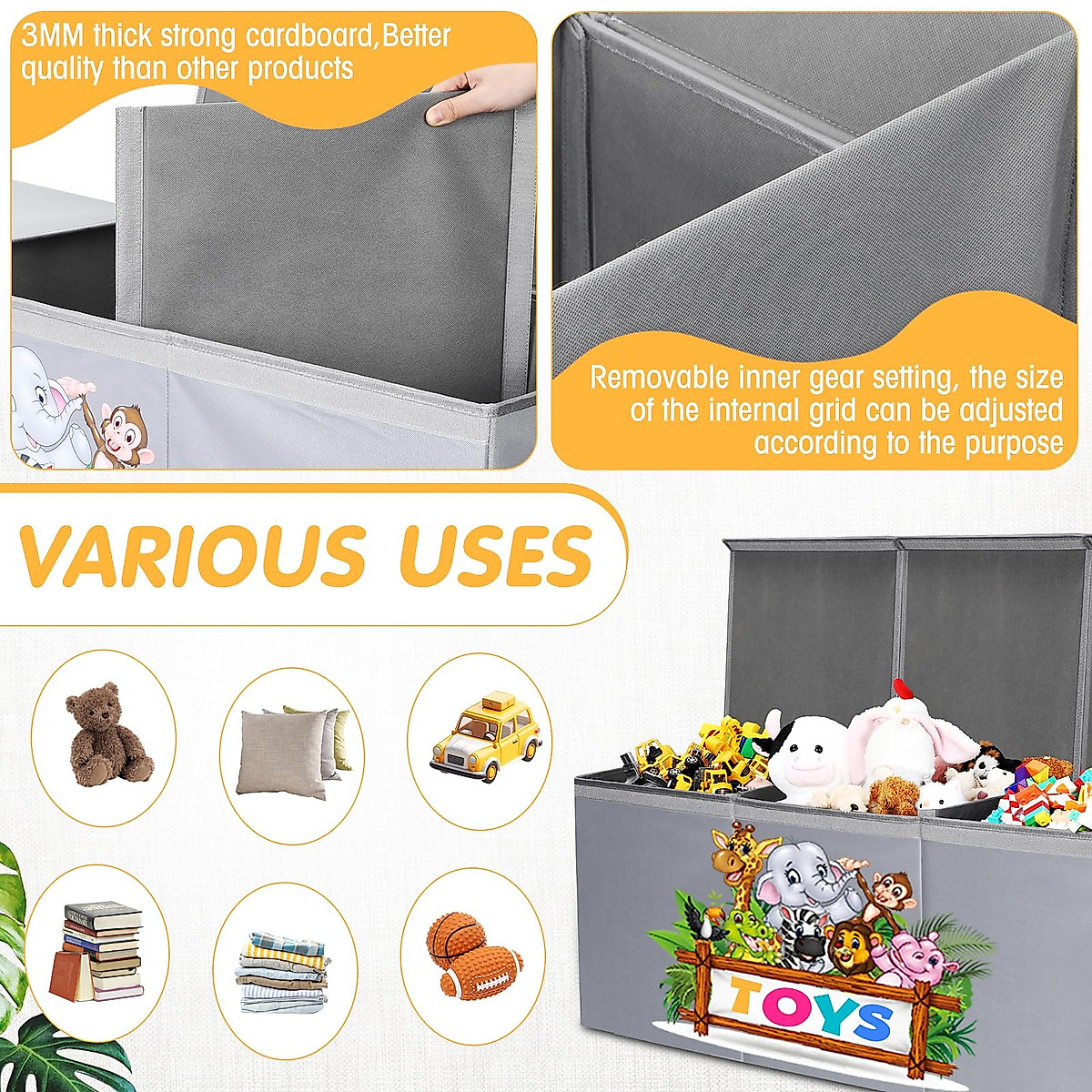 SiliFine Christmas Gifts Extra Large Toy Box Chest with Lid 3 Compartments Handles 40.35 x 14 x 16.3 Inch Toy Storage Bins Collapsible Toy Organizers for Kids Boys Girls Nursery Room Playroom Bedroom