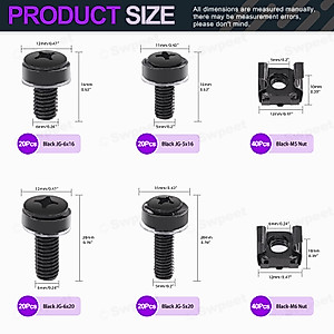 Swpeet 80Packs 4 Sizes M5 M6 Black Computer Mount Cage Nuts and Screws with Metal & Plastic Washers Assortment Kit, Square Hole Hardware Cage Nuts & Mounting Screws Washers