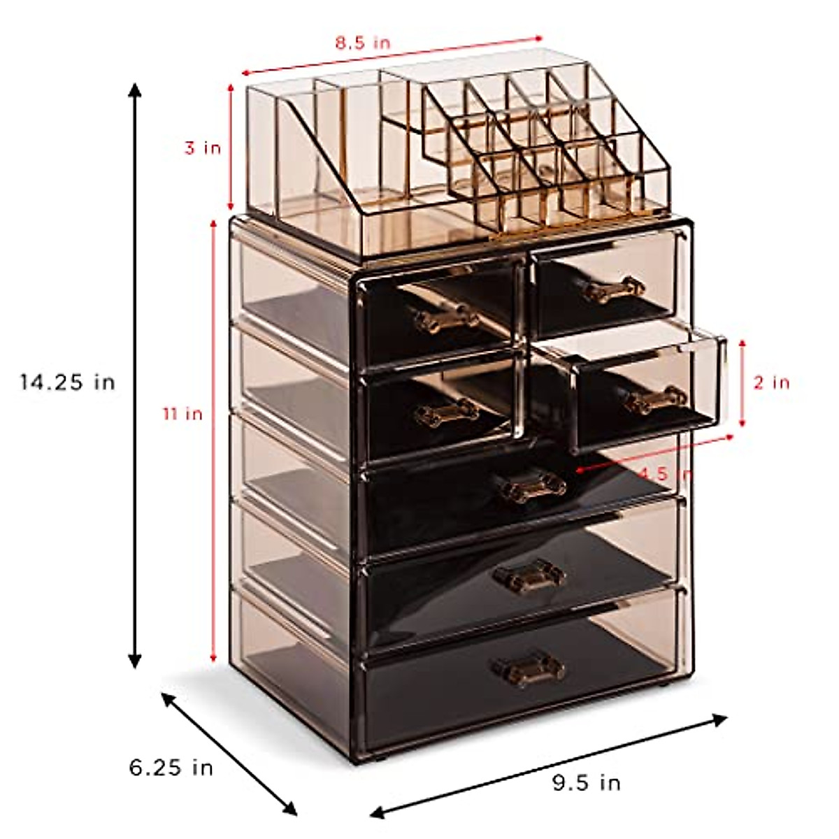 Sorbus Clear Cosmetic Makeup Organizer - Make Up & Jewelry Storage, Case & Display - Spacious Design - Great Holder for Dresser, Bathroom, Vanity & Countertop (3 Large, 4 Small Drawers - Bronze Glow)