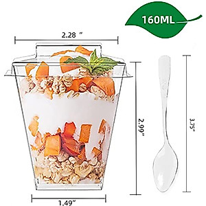 PLAZOTTA 80 Pack 5.4 oz Clear Plastic Dessert Cups with 80 Tasting Spoons and 80 Lids, Square Parfait Appetizer Cups Bowls for Party, Weddings - Flat Lid