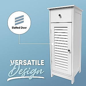MICRODRY Narrow Bathroom Storage Floor Cabinet with Slatted Door, Drawers and Shelves, Bathroom Storage, Compact Functional Design, Premium Water Resistant Coating, Easy to Assemble, White