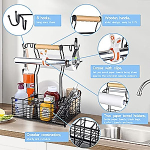 DGD BBQ Grill Caddy, Outdoor Kitchen Accessories for Camper, Condiment Organizer with Paper Towel Holders, Utensil Caddy for Storage of Picnic Supplies and Condiments, Camper Must Haves, Camping Gifts