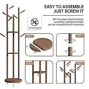 KASLANDI Coat Rack, Rotary Coat Rack Freestanding,FAS Grade Rubber Wood,Coat Rack Stand with 3 Shelves and 9 Hooks, Sturdy and Easy Assembly Wooden Coat Tree (Walnut)