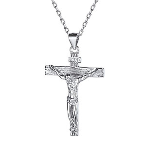 Nofade Silver Cross Necklace for Women Sterling Silver Catholic Jesus Christ on INRI Cross Crucifix Pendant Necklace for Men Religious Chain Christian Jewelry Gift