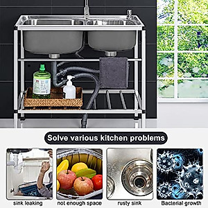 ZXLBTNB Commercial Restaurant Sink 304 Stainless Steel Utility Sink Freestanding Kitchen Sink with Worktop with Drip Board and Faucet for Laundry/Backyard/Garage/Camping 80x43x75cm