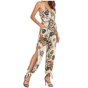 Bravetoshop Women's Summer Spaghetti Strap Jumpsuit V Neck Floral Print Sleeveless Wrap Long Pants Romper with Pockets (Beige,M)