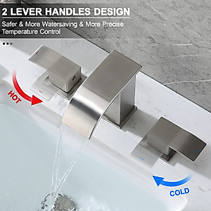 Brushed Nickel Waterfall Bathroom Faucet for Sink 3 Hole - Widespread, 2-Handles 8 Inch Modern Faucet for Bathroom Sink, Vanity Faucet with cUPC Supply Lines
