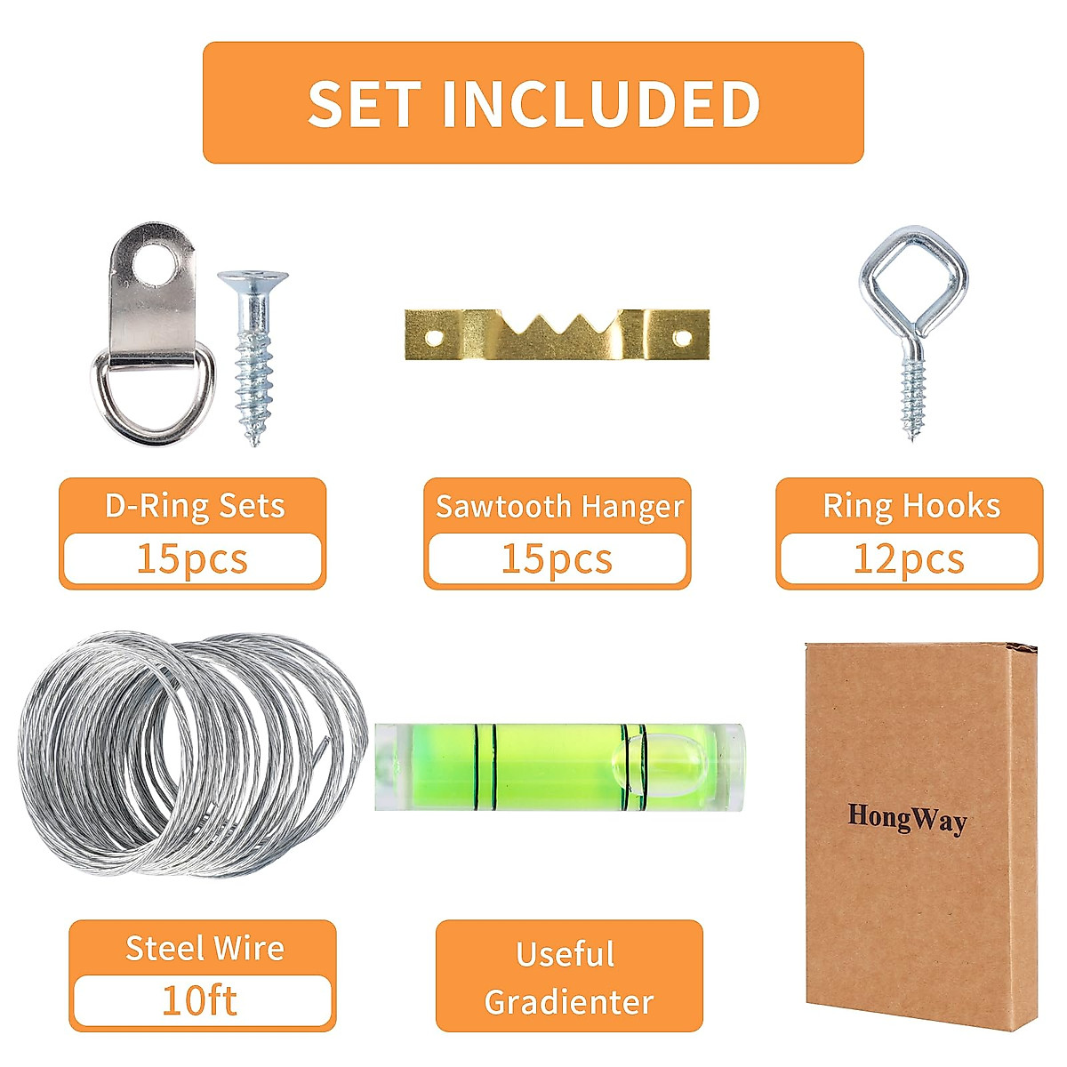 Hongway 276pcs Picture Hanging Kit, Picture Hanger Assortment, Heavy Duty Frame Hooks with Nails, Hanging Wire, Screw Eyes, D Ring and Sawtooth Hardware for Frames Mounting
