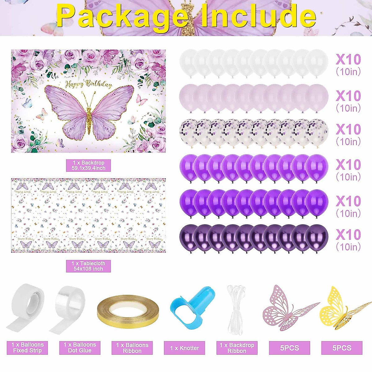 Purple Happy Birthday Party Decorations Butterfly Set for Women Girls Men Boys, Backdrop, Banner, Purple Balloon, Tablecloth for 2th 8th 13th 16th 18th 21th 25th 30th 40th 50th 60th 70t Party Supplies