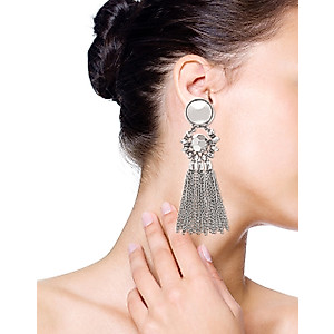 Bohemian Tassel Chandelier Dangle Earring For Women Clip On Earrings Long Drop Statement Earrings (silver)