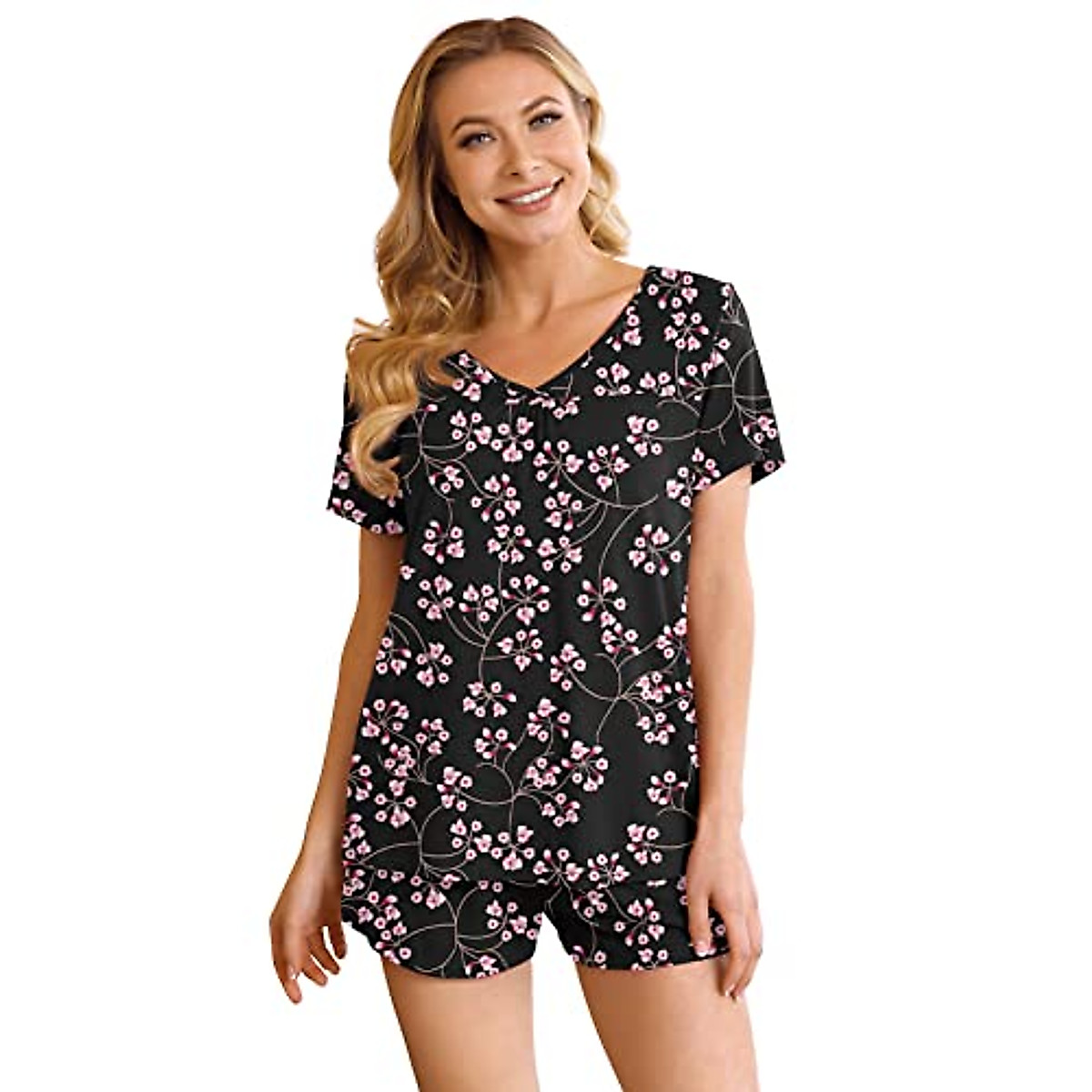 POKWAI Womens Pajama Sets Shorts Summer Soft Pj Set Ladies Pajamas 2 Piece Sleepwear(Flower Gypsophila Black,Large)
